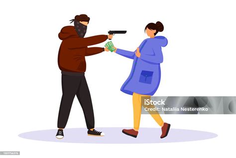 武裝街頭搶劫平色向量無臉性格竊賊用槍威脅婦女小偷從人那裡偷錢蒙面罪犯搶劫女孩孤立的卡通插圖向量圖形及更多盜竊 犯罪圖片 盜竊 犯罪