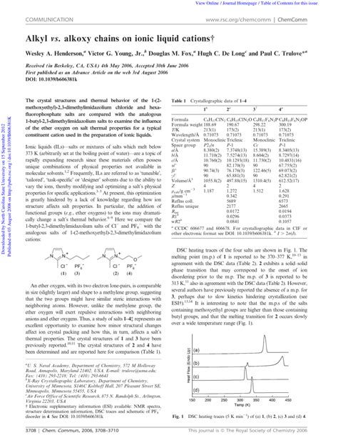 Pdf Alkyl Vs Alkoxy Chains On Ionic Liquid Cations