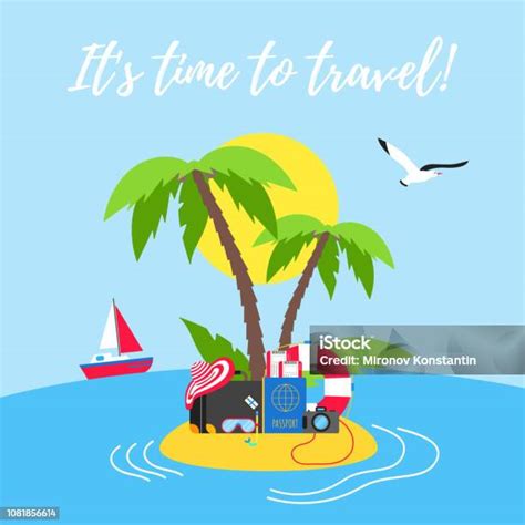 시간 여행 여름 비치 휴가 휴가 포스터 또는 배너 평면 스타일 디자인 벡터 일러스트 레이 션 개념을 흰색 배경에 고립 텍스트 섬 비치 모자 짐 가방 Pasport 티켓 표시