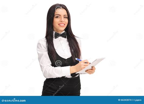 Escrita Nova Da Empregada De Mesa Em Um Bloco De Notas Foto De Stock Imagem De Olhar Notepad