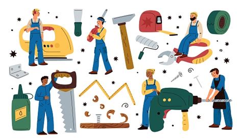 만화 작은 사람들은 건물 도구를 들고 있습니다 전문 악기를 가진 작업복을 입은 근로자 톱과 전기 드릴 목공 작업 펜치 또는 스크루 드라이버 수리 서비스 화려한 벡터 세트