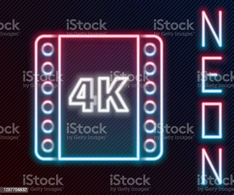 빛나는 네온 라인 4k 영화 테이프 검은 배경에 격리 프레임 아이콘 다채로운 개요 개념 벡터 일러스트레이션 4k해상도에 대한