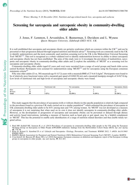 Pdf Screening For Sarcopenia And Sarcopenic Obesity In Community