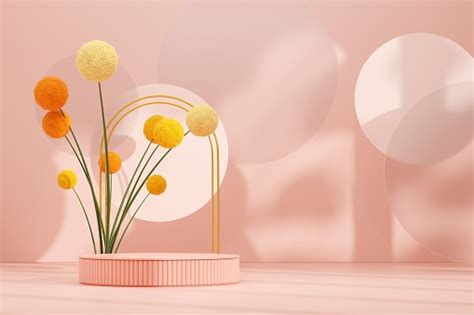 Craspedia 꽃의 3d 렌더링 그림과 제품 배경에 대한 빈 공간 연단 디스플레이 모형에 대한 스톡 사진 및 기타 이미지 모형 부케 형판 Istock