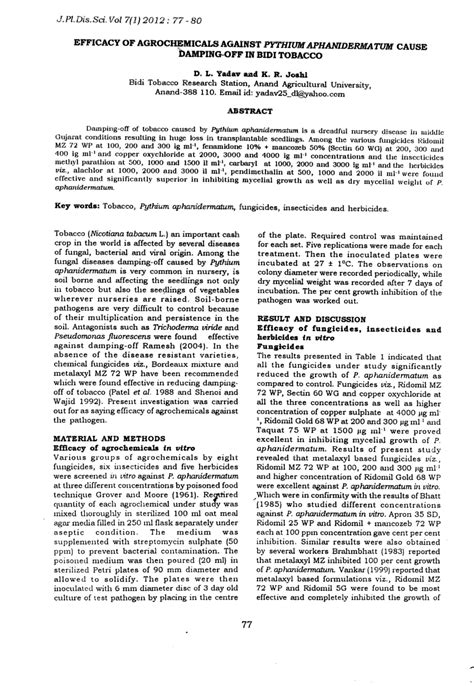PDF EFFICACY OF AGROC MICALS AGAINST PYTHIUM APHANIDERMATUM CAUSE BAMPING OFF IN BIDI TOBACCO