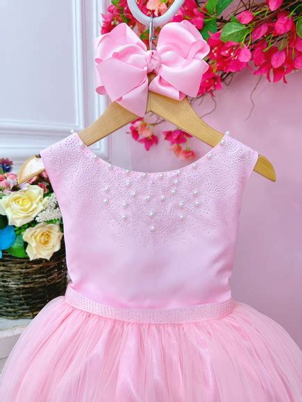 Vestido Infantil Longo Damas de Honra Rosa Pérolas Luxo Elo