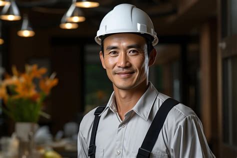 Premium Ai Image Portrait Of Asian Engineer Or Architect Wearing Safety Helmet And Looking At