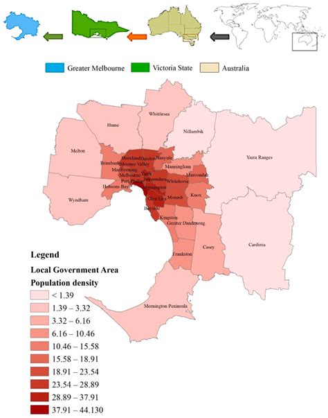 The Spatial Location Of The Melbourne Lgas And Their Population Density Download Scientific