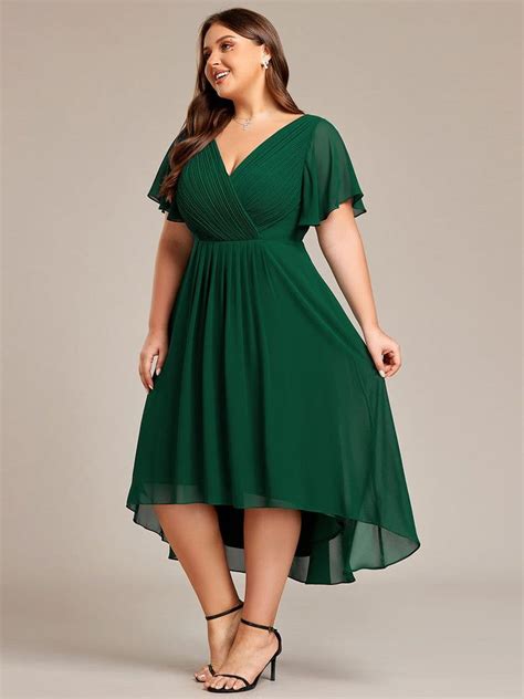 Plus Size Double V Neck Ruffles Sleeve Chiffon Midi Wedding Guest Dress