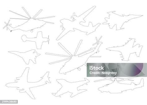항공 운송의 윤곽 비행기 헬리콥터 등의 세트 벡터 일러스트 레이 션 개인 비행기에 대한 스톡 벡터 아트 및 기타 이미지 개인 비행기 개체 그룹 검은색 Istock