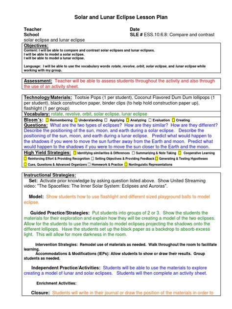 Eclipse Lesson Plan Pdf Eclipse Solar Eclipse
