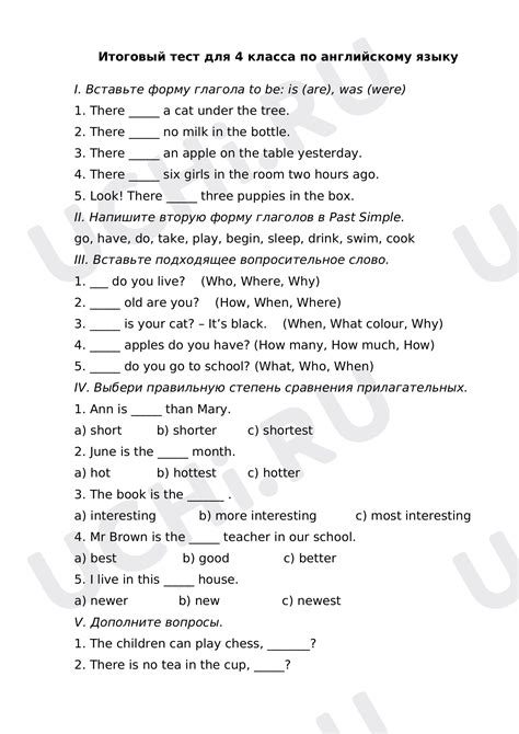 🖍 Проверочная работа №5 по теме “Итоговый тест по английскому языку” для 4 класса Учи ру