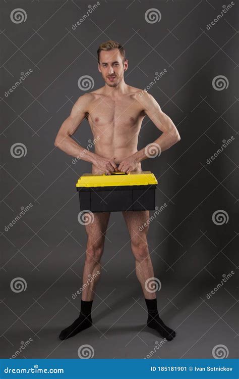 Naked Man Covering With A Box For Tools Most Valuable Stock Image Image Of Foreman Studio