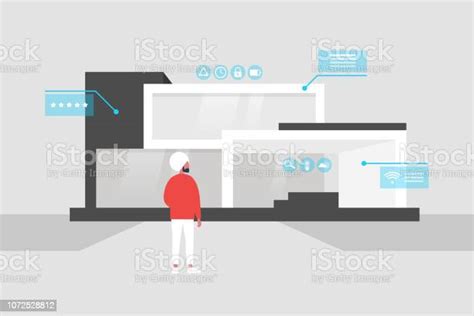 스마트 홈의 인터페이스입니다 새로운 기술입니다 생활양식입니다 미래 팝업 윈도우입니다 데이터입니다 건물 앞에서 젊은 인도 문자 서