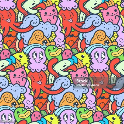 재미 있는 낙서 괴물 완벽 한 패턴 인쇄 디자인 및 색칠 하기 책 0명에 대한 스톡 벡터 아트 및 기타 이미지 0명 귀여운 낙서 드로잉 Istock