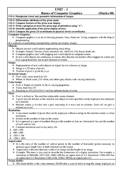 Cgr Unit 1 Computer Graphics First Unit Notes Unit 1 Basics Of