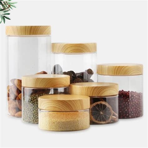 Wooden Lid Plastic Airtight Jar Kitchen Storage Bottle Airtight Food