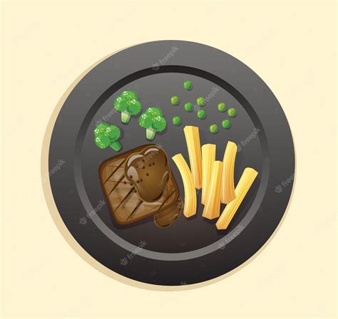 Premium Vector Juicy Tasty Steak On A Black Plate Vector Illustration