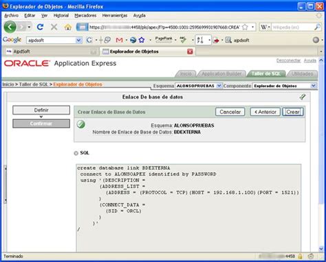 conectar apex con una base de datos oracle database 9i externa proyecto a