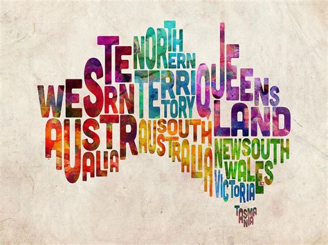 Australia Typographic Text Map Digital Art By Michael Tompsett