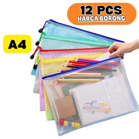Borong【12pcs】a4 Zipper File Mesh Folder Thick Tebal Office Document Organizer Fail Pvc Dokumen