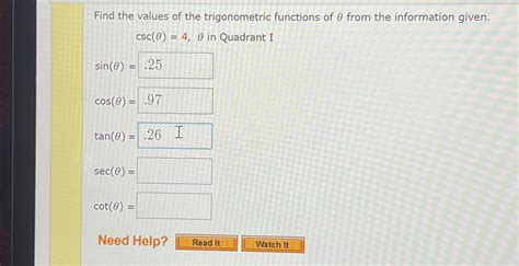 Solved Find the values of the trigonometric functions of θ Chegg