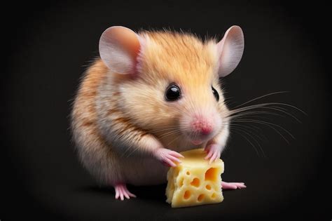 Lindo Ratón Comiendo Queso Con Delicadas Orejas Rosadas Sobre Fondo