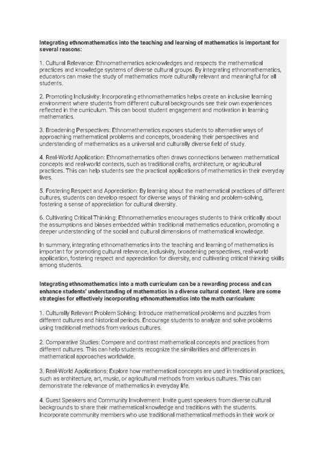 Integrating Ethnomathematics Into The Teaching And Learning Of Mathematics Is Important For