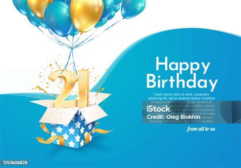 21 St 년 생일 벡터 일러스트를 축하합니다 21주년 기념 행사 성인 출생일 풍선에 비행 번호 2와 하나와 선물 상자를 엽니 다 21세 생일에 대한 스톡 벡터 아트 및