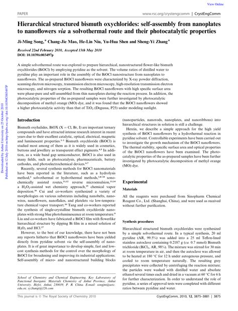Pdf Hierarchical Structured Bismuth Oxychlorides Self Assembly From Nanoplates To Nanoflowers