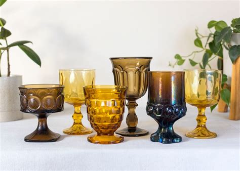 Vintage Mismatched Goblets Amber Glass Goblets Groovy Glass Etsy