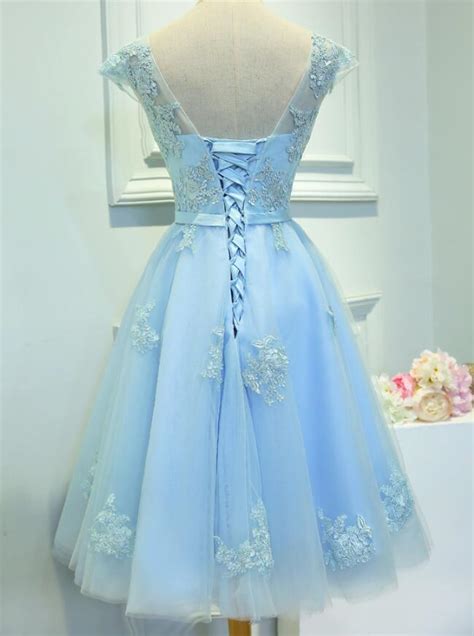 Light Blue Cap Sleeves Tea Length Vintage Style Formal Dress Blue Hom