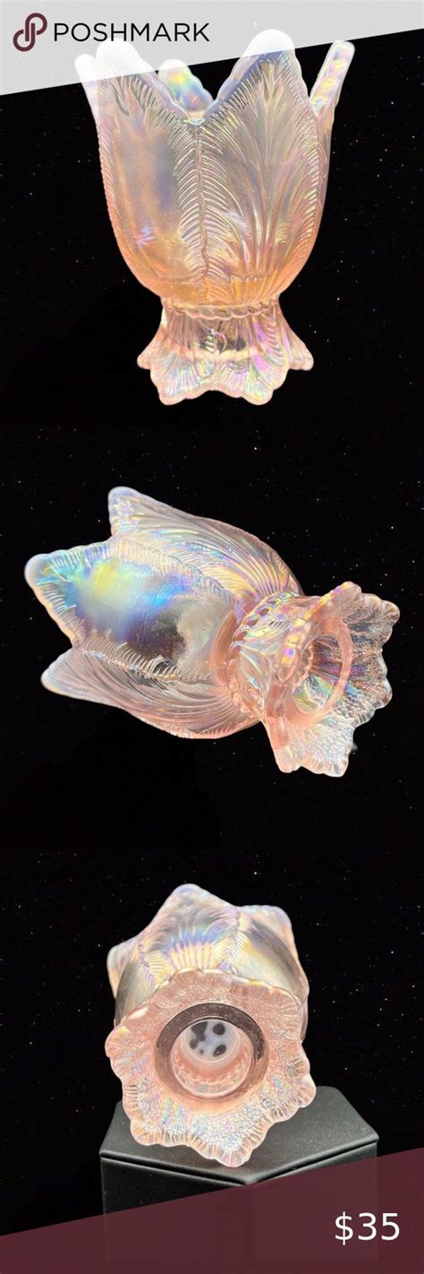 Fenton Tulip Opalescent Glass Votive Candle Holder Pink Iridescence Usa