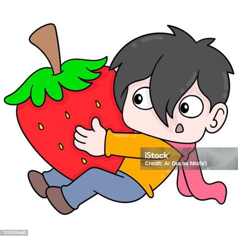 소년은 거대한 딸기 벡터 일러스트 아트를 껴안고있다 낙서 아이콘 이미지 가와이이 그리기에 대한 스톡 벡터 아트 및 기타 이미지