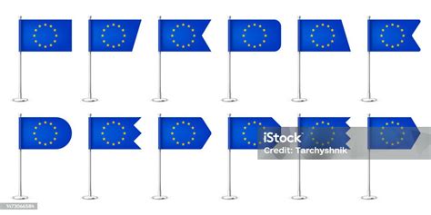 크롬 강철 기둥에 현실적인 다양한 유럽 테이블 플래그 유럽에서 기념품 종이 또는 천으로 만든 책상 깃발 반짝이는 금속 스탠드 홍보 및 광고를위한 모형 벡터 그림 0명에 대한