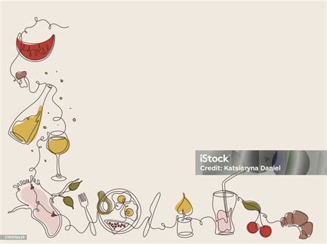 라인 아트 스타일의 음식과 음료 다양한 항목을 보여주는 개요 배경에는 우아한 안경 과일 접시가 포함됩니다 살바도르 달리 테마