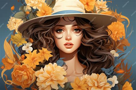 Chica De Cabello Negro Con Estilo Con Sombrero Fondo De Flores