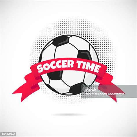 축구 시간 평면 스타일 디자인 장비 포스터 벡터 일러스트 축구 라운드 공 큰 빨간 리본 및 텍스트 공간 및 흰색 배경에 격리 된 점선 하프 톤 효과 검은색에 대한 스톡 벡터