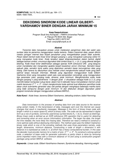 Pdf Dekoding Sindrom Kode Linear Gilbert Varshamov Biner Dengan Jarak