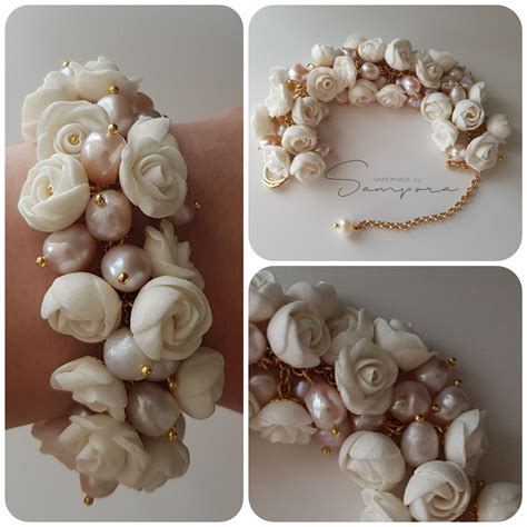 Handmade By Sampora Pērles Savienojumā Ar Ziediem No Polimermāla