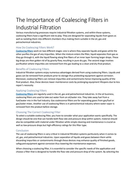 The Importance Of Coalescing Filters In Industrial Filtration By Wasif Ali Issuu