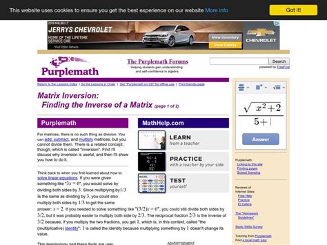 purplemath matrix inversion finding the inverse of a matrix handout