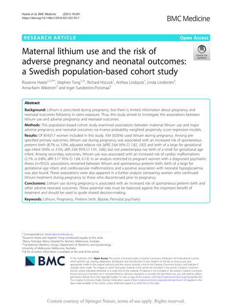 Pdf Maternal Lithium Use And The Risk Of Adverse Pregnancy And