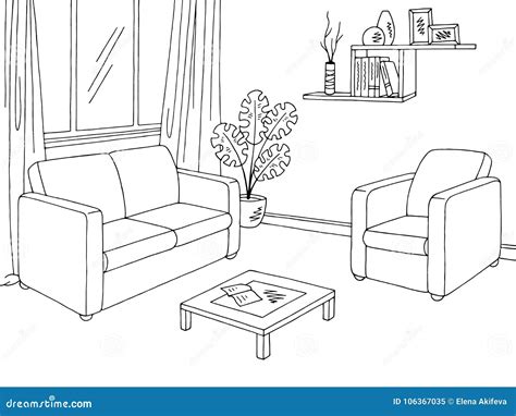Living Room Graphic Black White Interior Sketch Illustration Vector