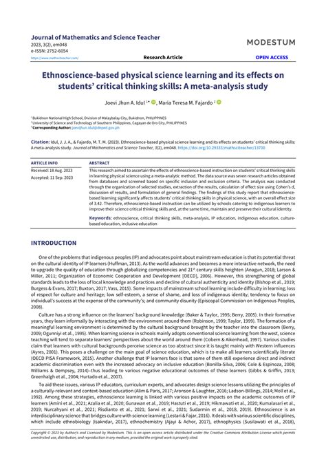 Pdf Ethnoscience Based Physical Science Learning And Its Effects On