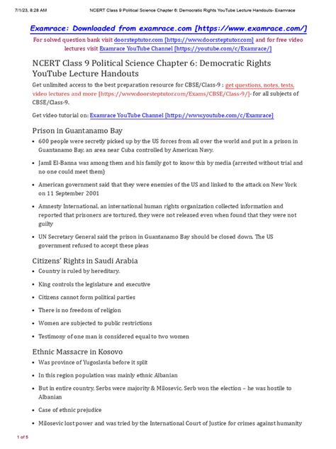 Ncert Class 9 Political Science Chapter 6 Youtube Lecture Handouts Pdf Rights Libertarian