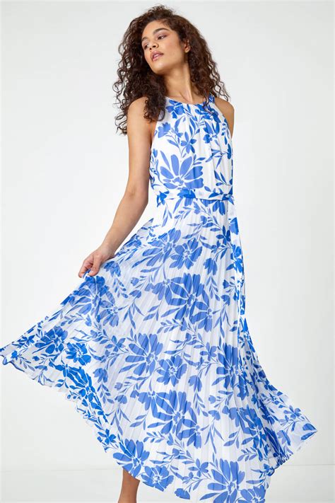 Royal Blue Floral Chiffon Halter Neck Maxi Dress Roman Uk