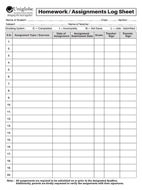 homework assignment log sheet pdf
