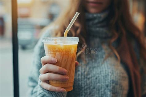 Young Woman Holding A Drink With A Straw Generative Ai Stock