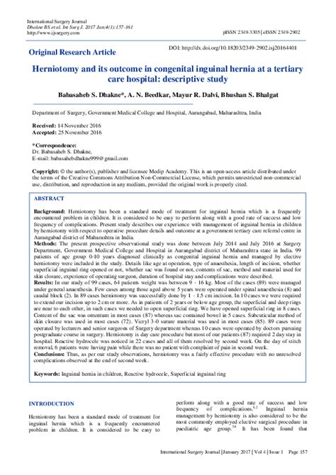 Pdf Herniotomy And Its Outcome In Congenital Inguinal Hernia At A